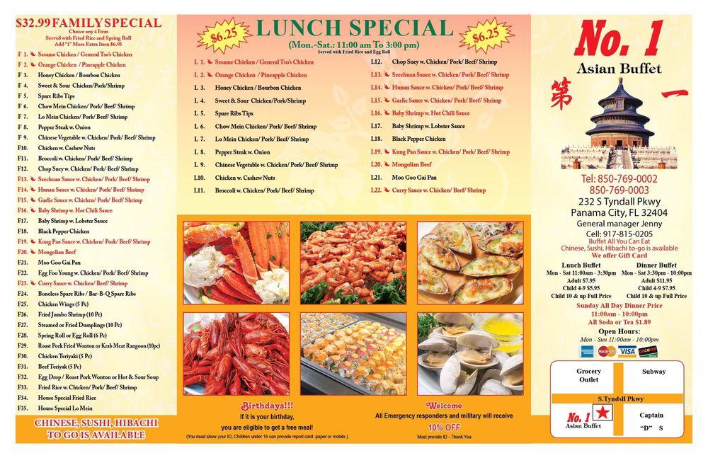 Menu at No. 1 Asian Buffet restaurant, Panama City