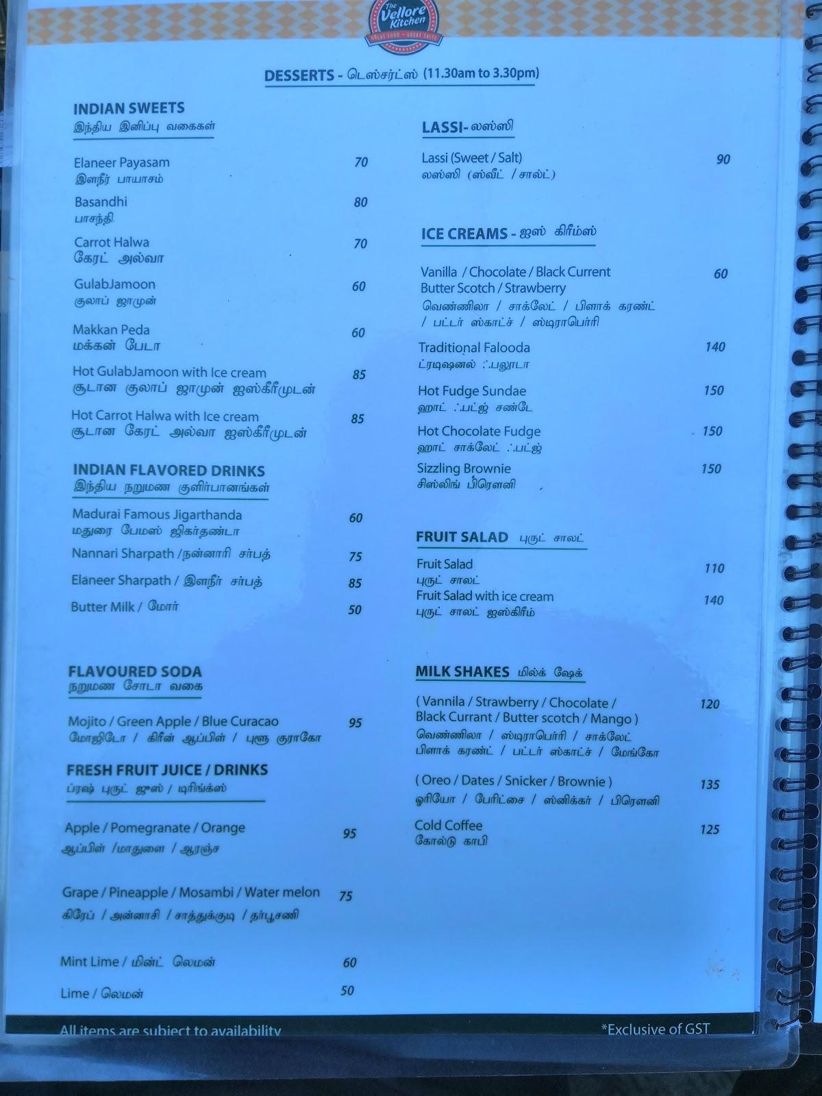 Menu at The Vellore Kitchen, Vellore, W4GJ+228 New Bangalore Service Road