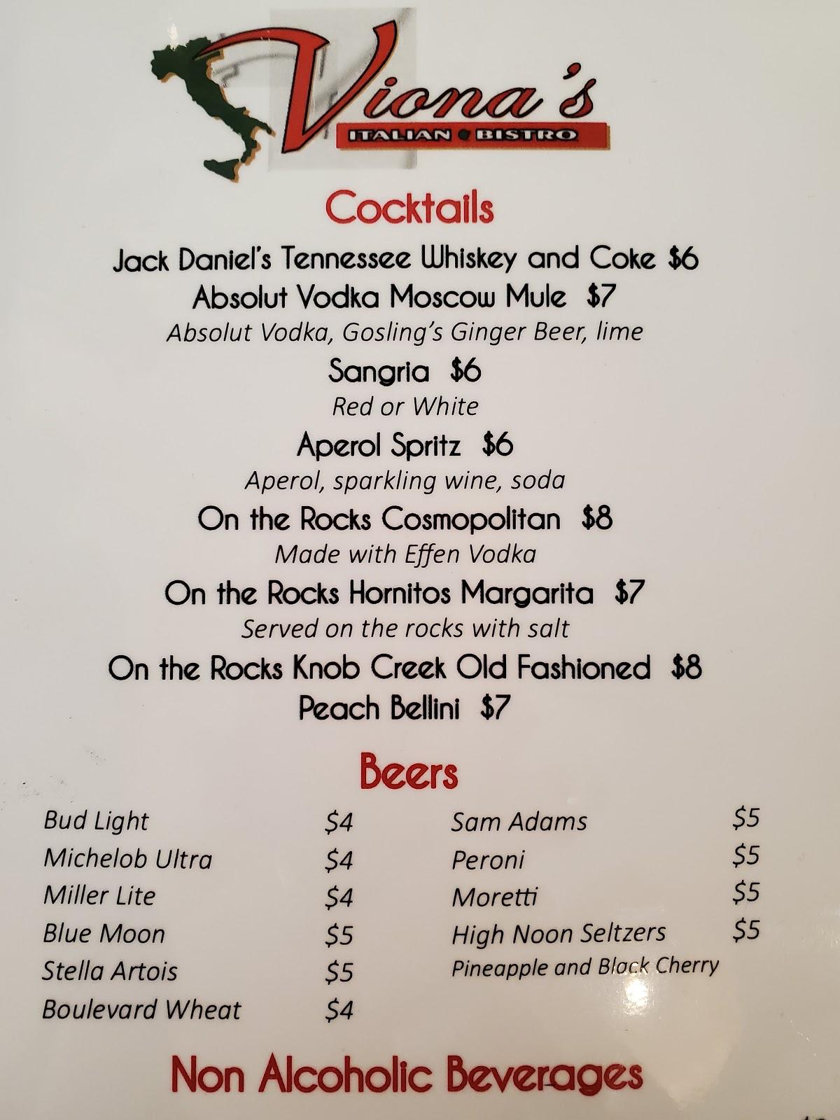 Menu at Viona’s Italian Bistro restaurant, Overland Park