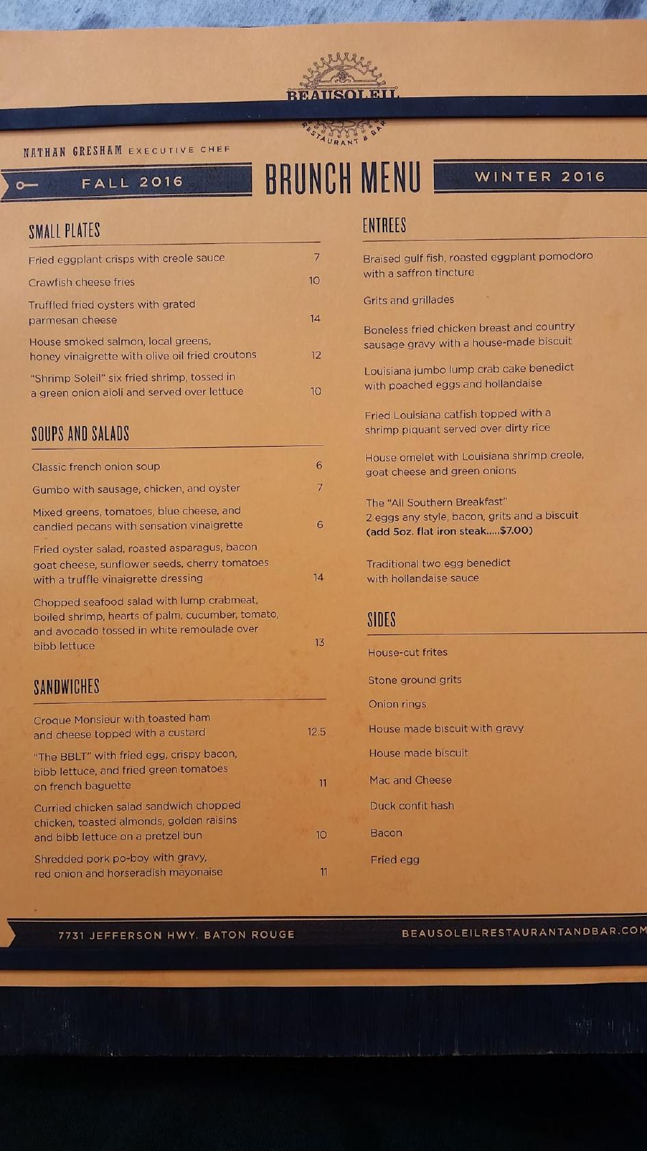 Menu at Beausoleil Coastal Cuisine restaurant, Baton Rouge, Jefferson Hwy