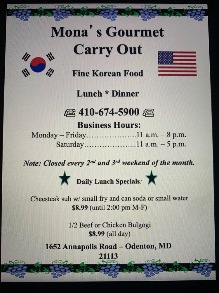 Menu at Mona's Gourmet Carry Out restaurant, Odenton