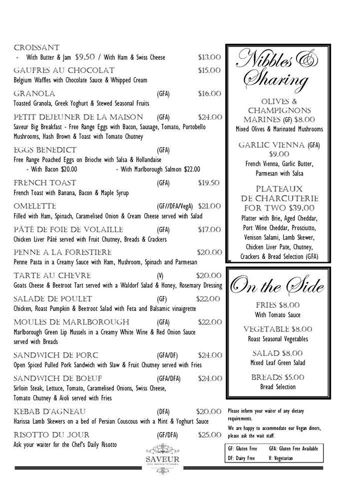 Menu at Raupo Cafe, Restaurant & Traiteur, Blenheim