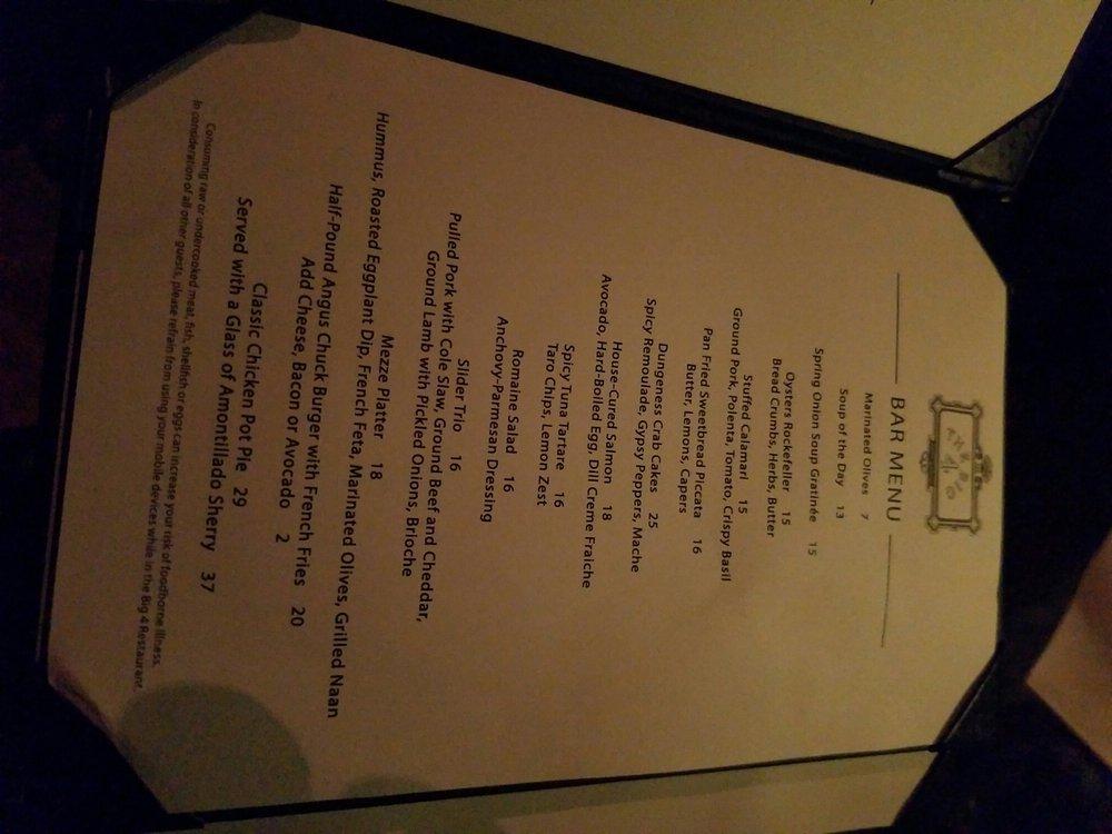 Menu at The Big 4 restaurant, San Francisco