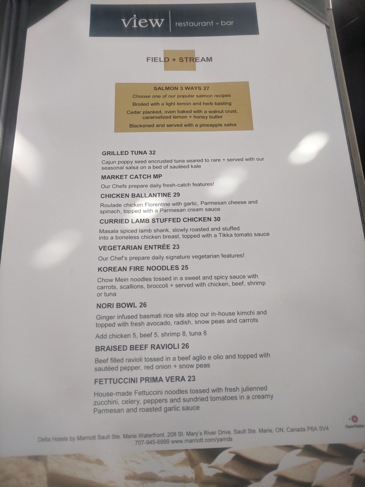 Menu at View steakhouse, Sault Ste. Marie