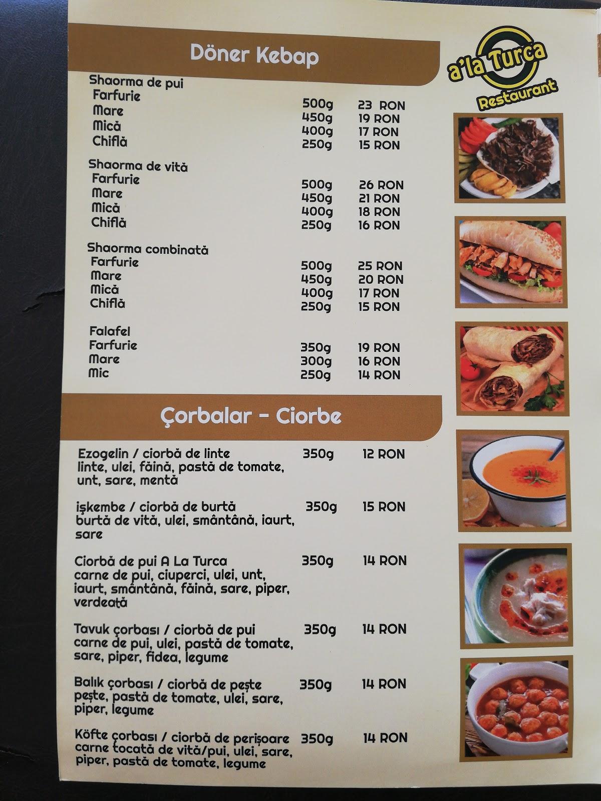 Menu at A La Turca restaurant Balotești, Bucharest