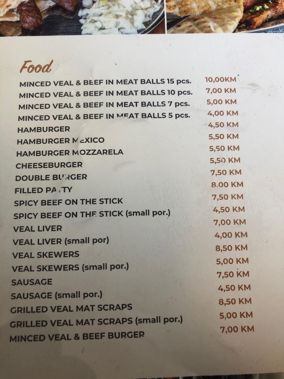 Speisekarte von Ćevabdžinica KORZO restaurant, Mostar