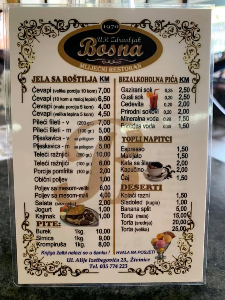 Speisekarte von Ćevabdžinica Slastičarna Bosna restaurant, Živinice