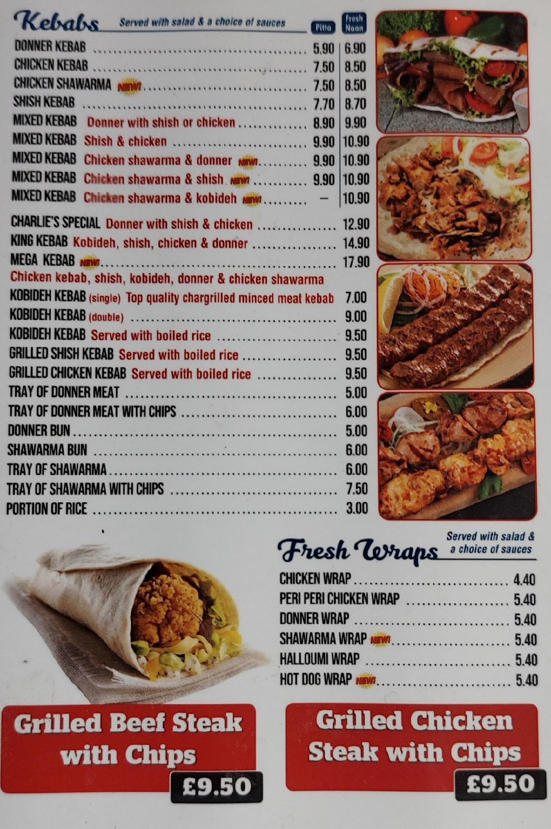 Menu at Charlie's Takeaway fast food, Cheadle