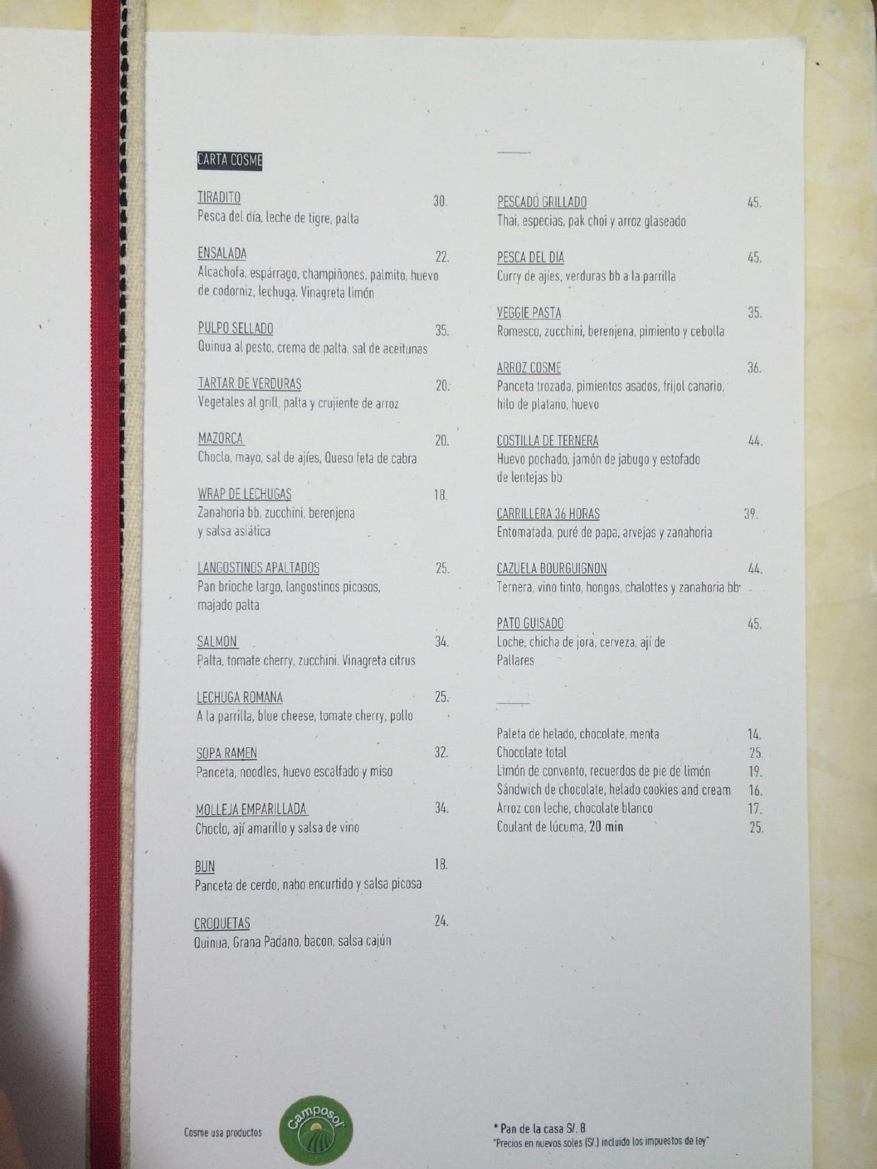 Carta de Cosme Restaurante y Bar, San Isidro