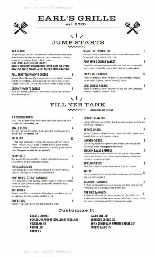 Menu at Earl’s Grille restaurant, Crump, US-64