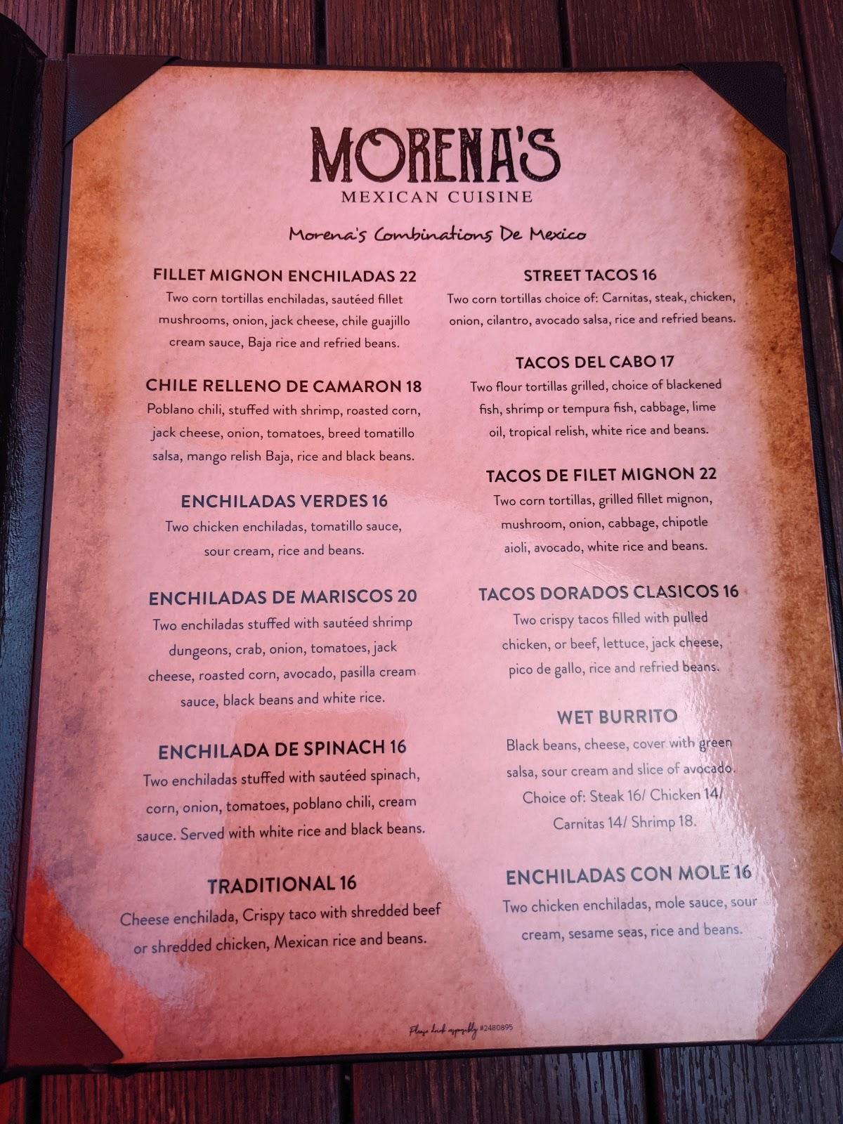 Menu at Morena’s Mexican Cuisine restaurant, Ladera Ranch