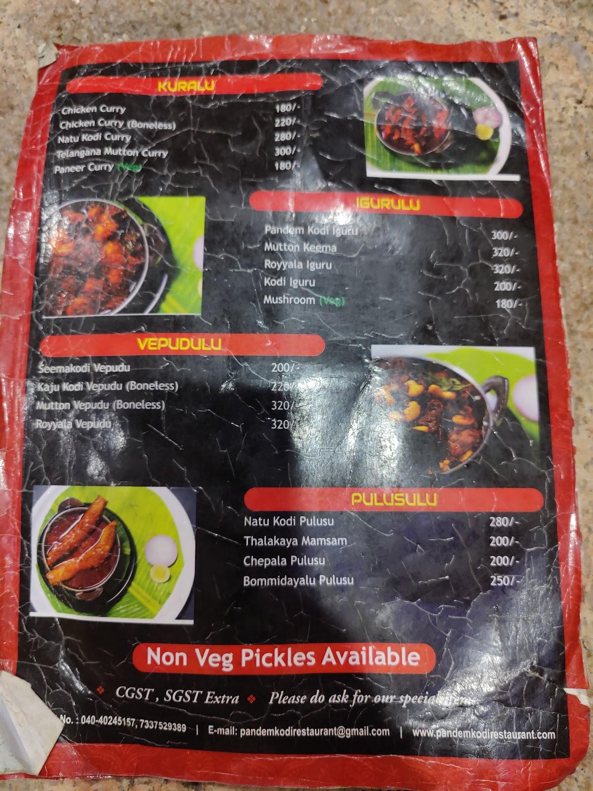 Menu at Pandem kodi Restaurant, Hyderabad, 8-3-167