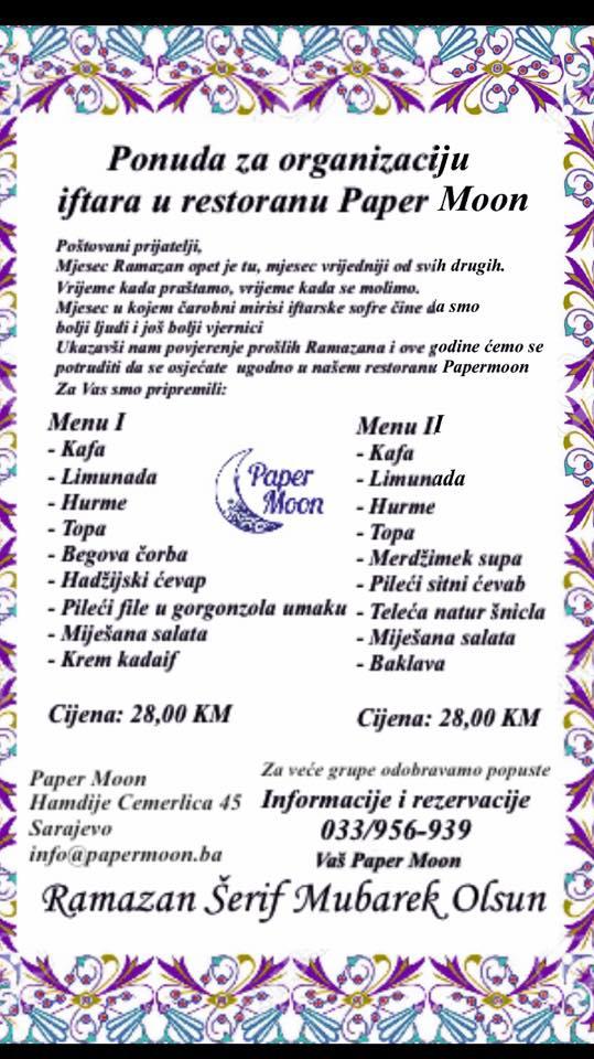 Speisekarte von Paper moon restaurant, Sarajevo