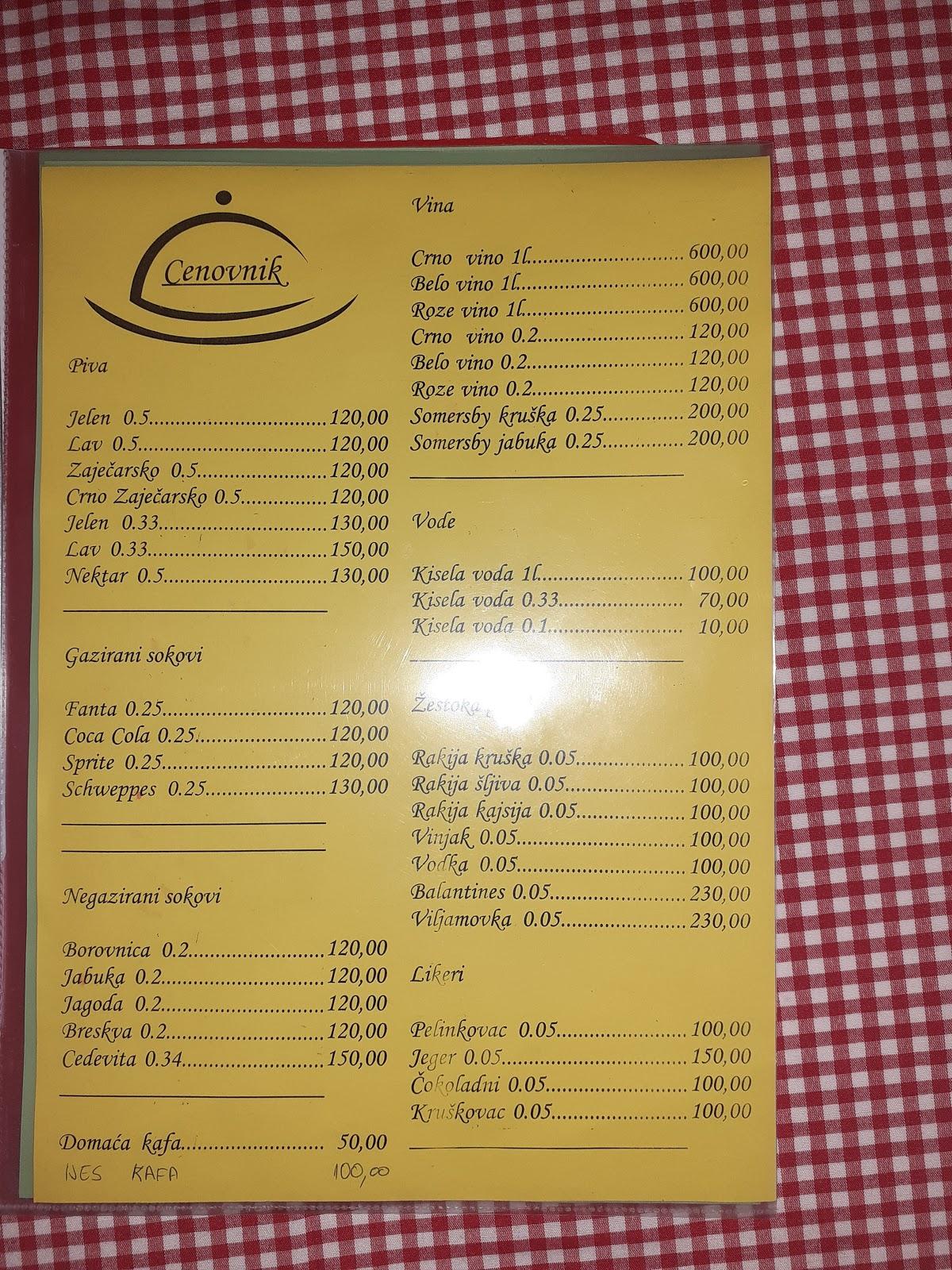 Menu at Restoran "Kod Bobe i Kate" Lovački Dom Lalić restaurant, Serbia