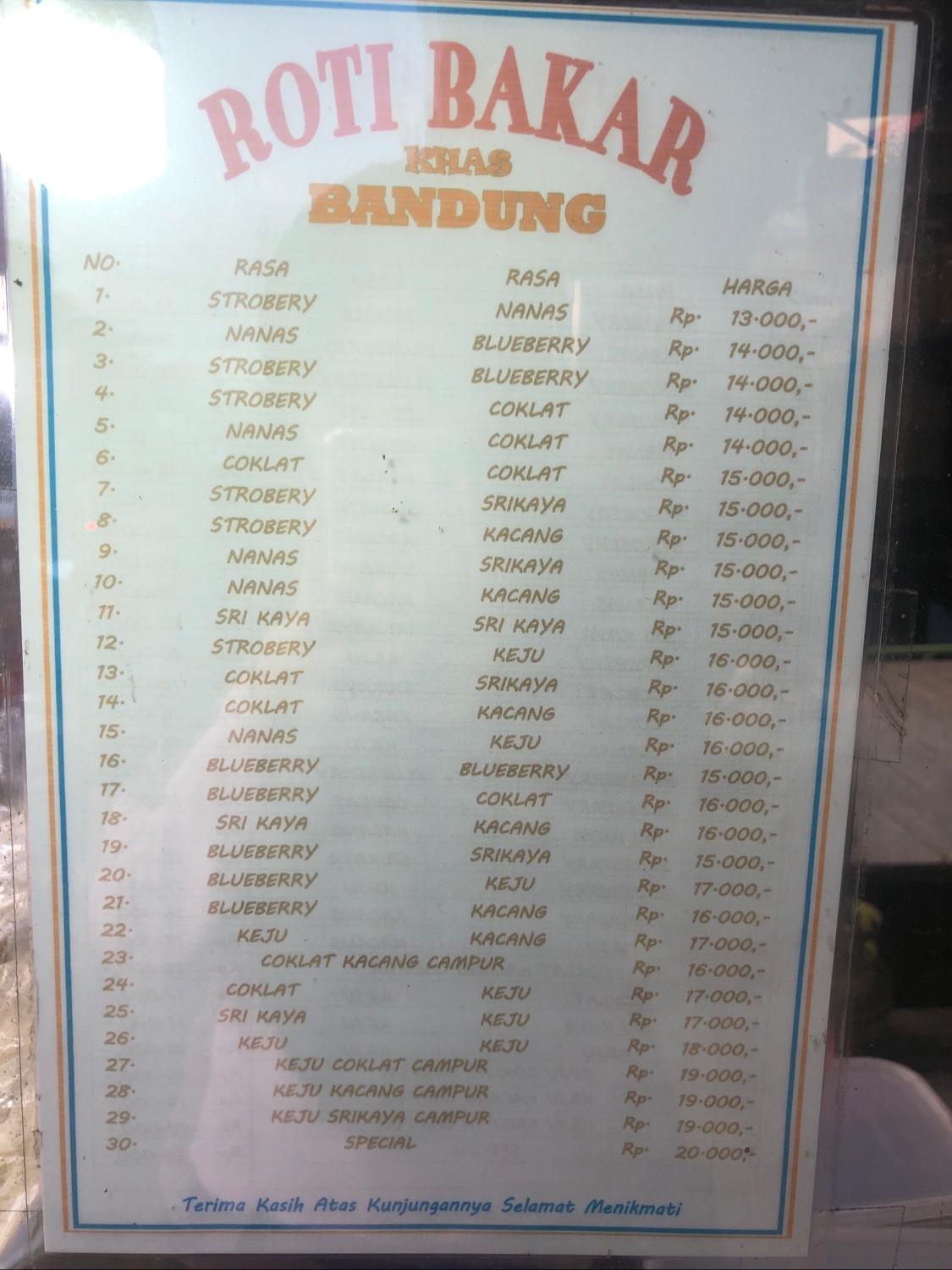 Menu at Roti Bakar Khas Bandung loa janan "RINA", Samarinda