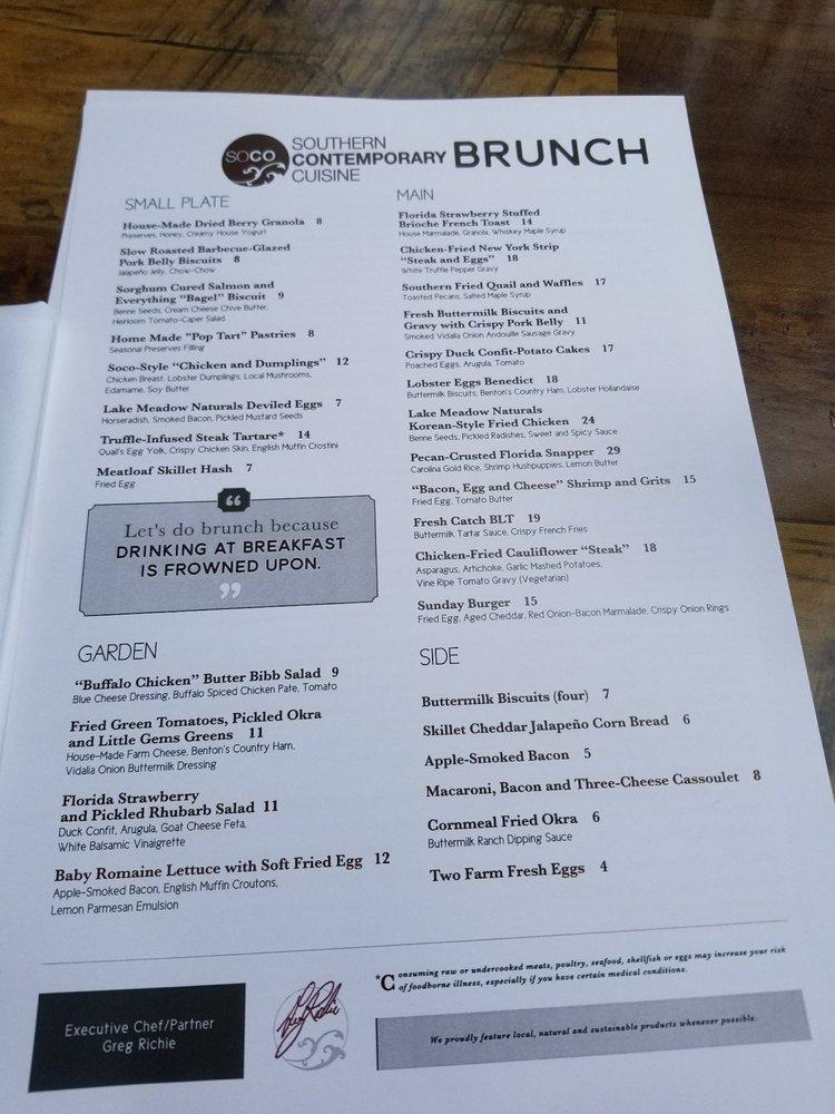 Menu at Soco Restaurant, Orlando