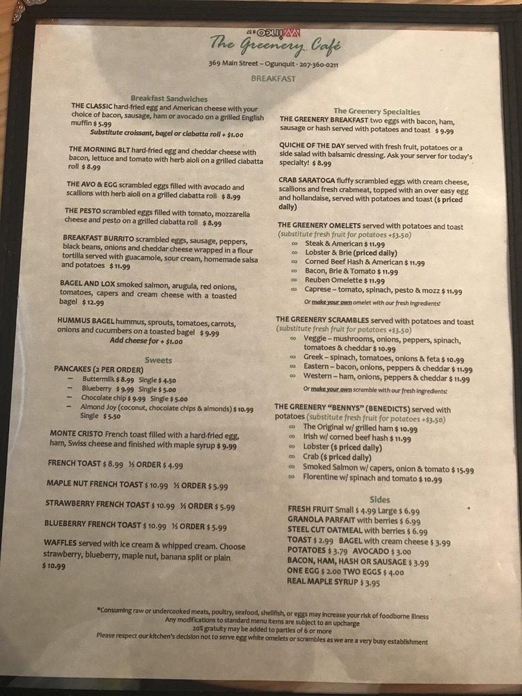 Menu at The Greenery Cafe, Ogunquit