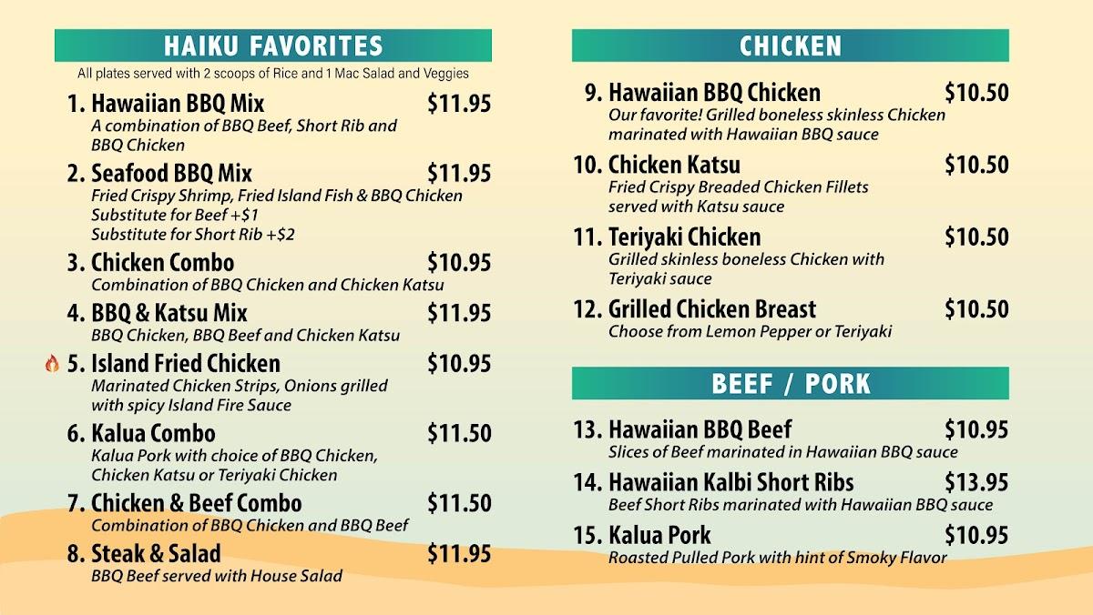 Menu at Haiku Hawaiian BBQ, Salinas