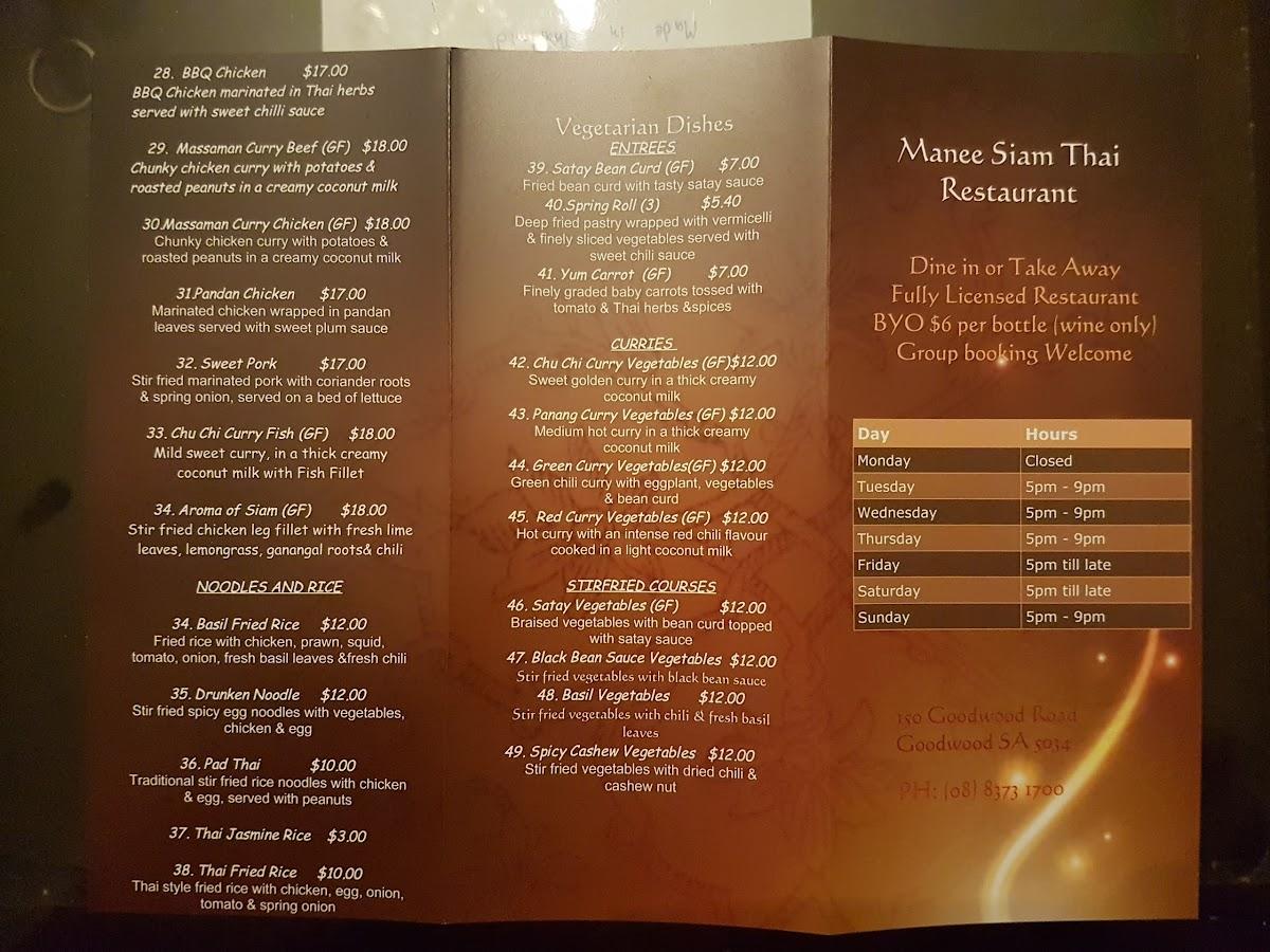 Menu at Manee Siam Thai Restaurant, Goodwood