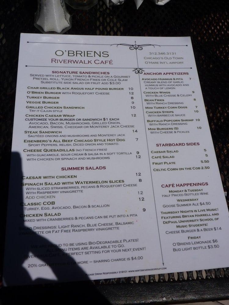Menu at O’Briens Riverwalk Café cafe, Chicago, 45 E Riverwalk S