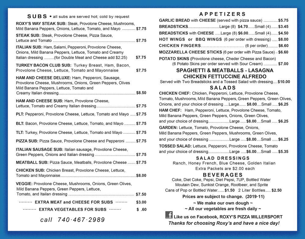 Menu at Roxy's Pizza & Restaurant, Millersport, Lancaster St
