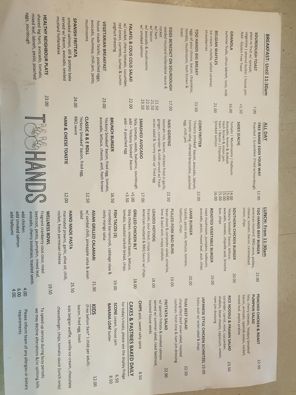 Menu at Too Hands restaurant, New Lambton