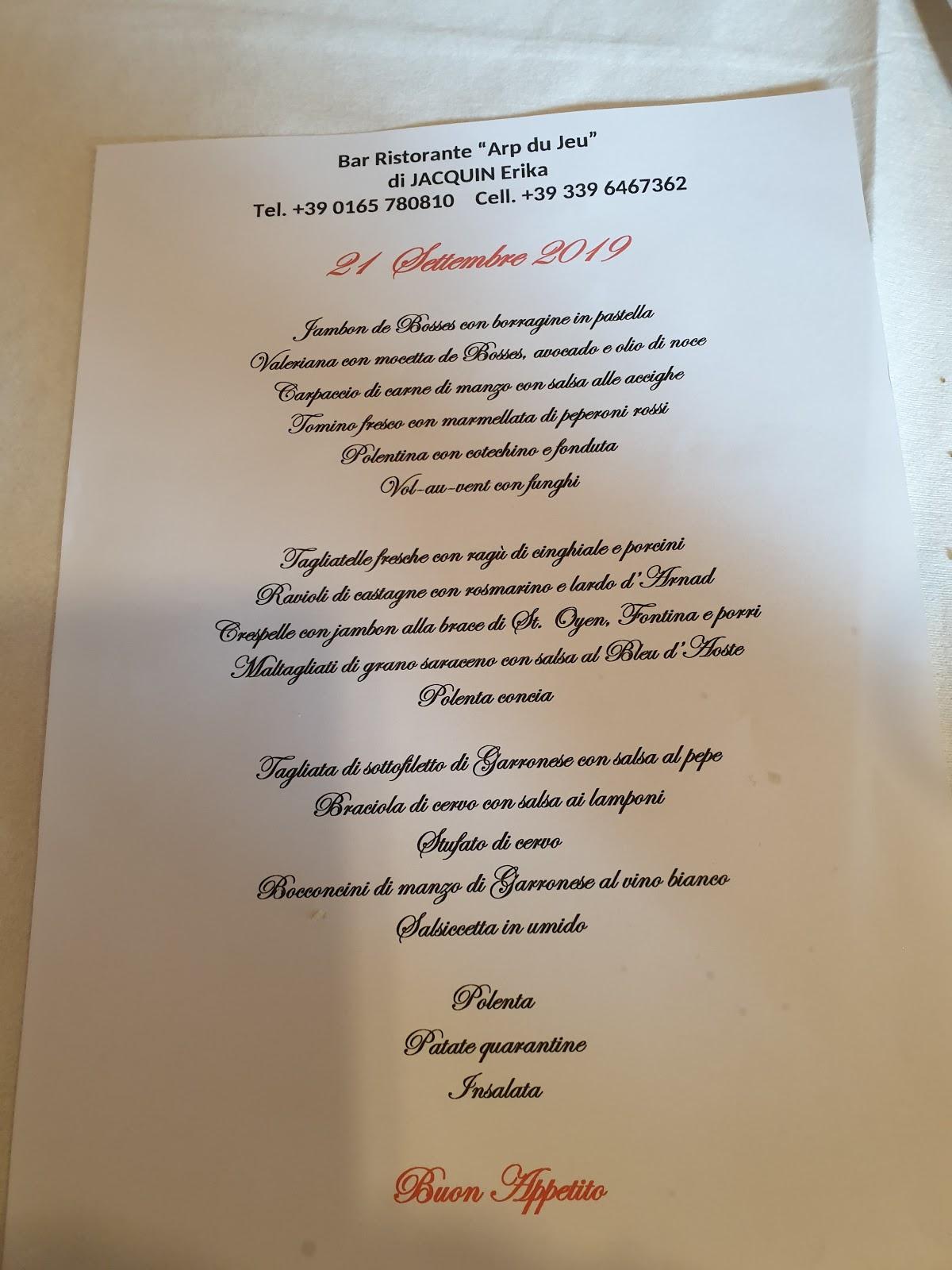 Menu da Bar Ristorante Arp du Jeu, Italia