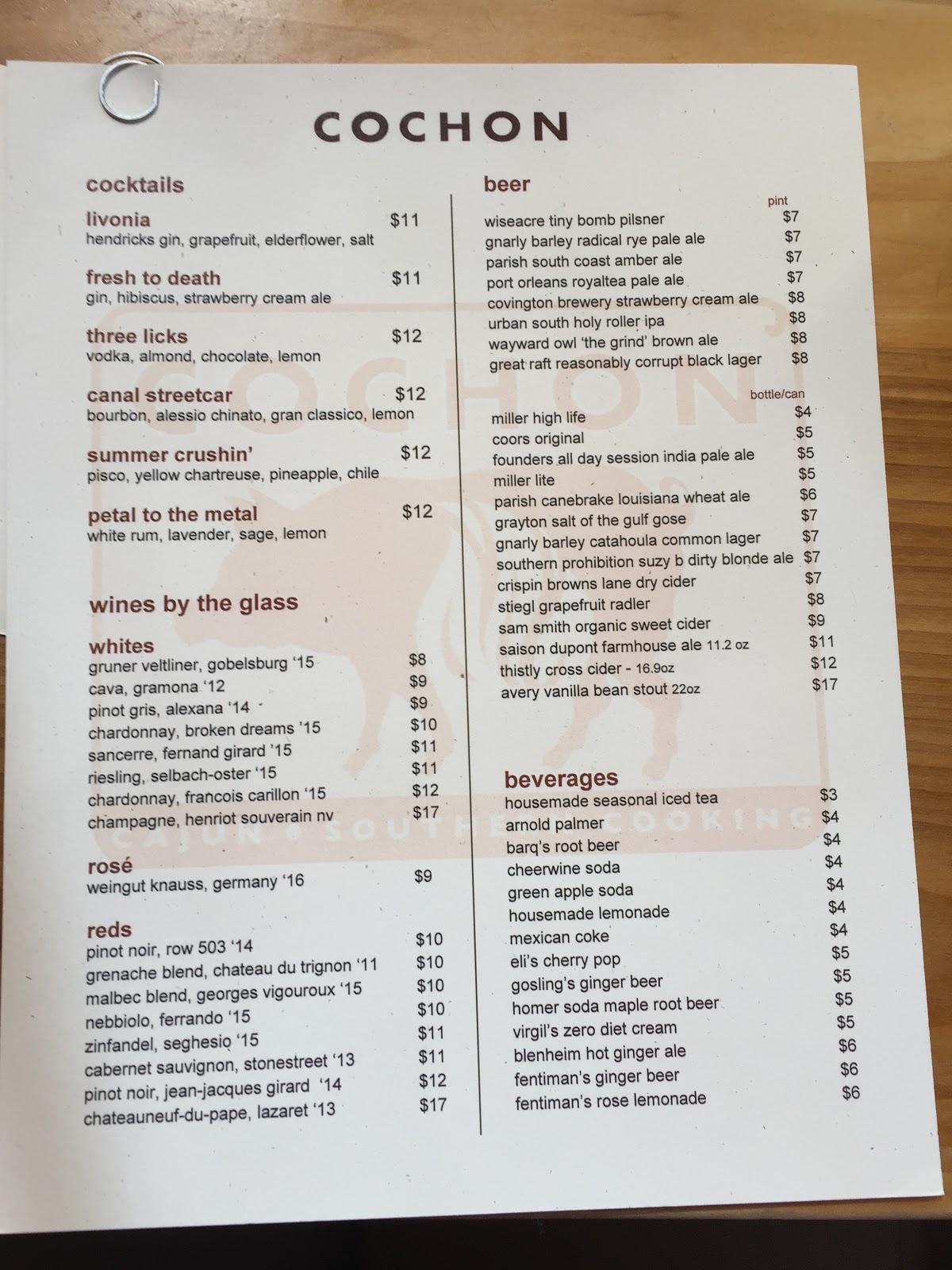 Menu at Cochon Restaurant, New Orleans, 930 Tchoupitoulas St Ste A