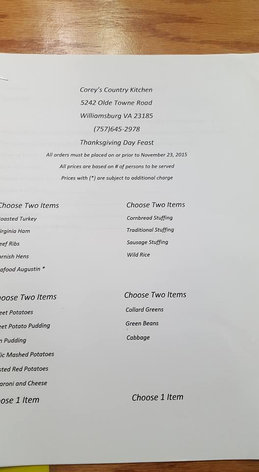 Menu at Corrys Country Kitchen restaurant, Williamsburg, Richmond Rd