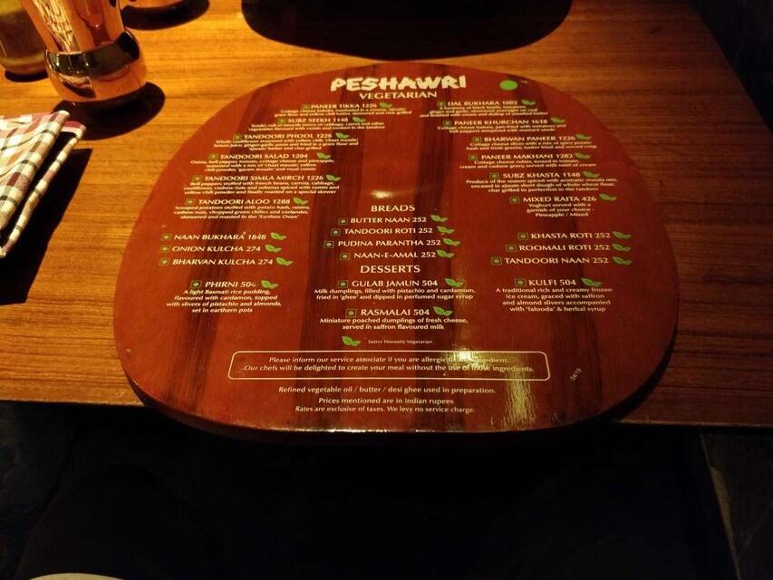 Menu at Peshawri, Chennai, ITC Grand Chola Hotel