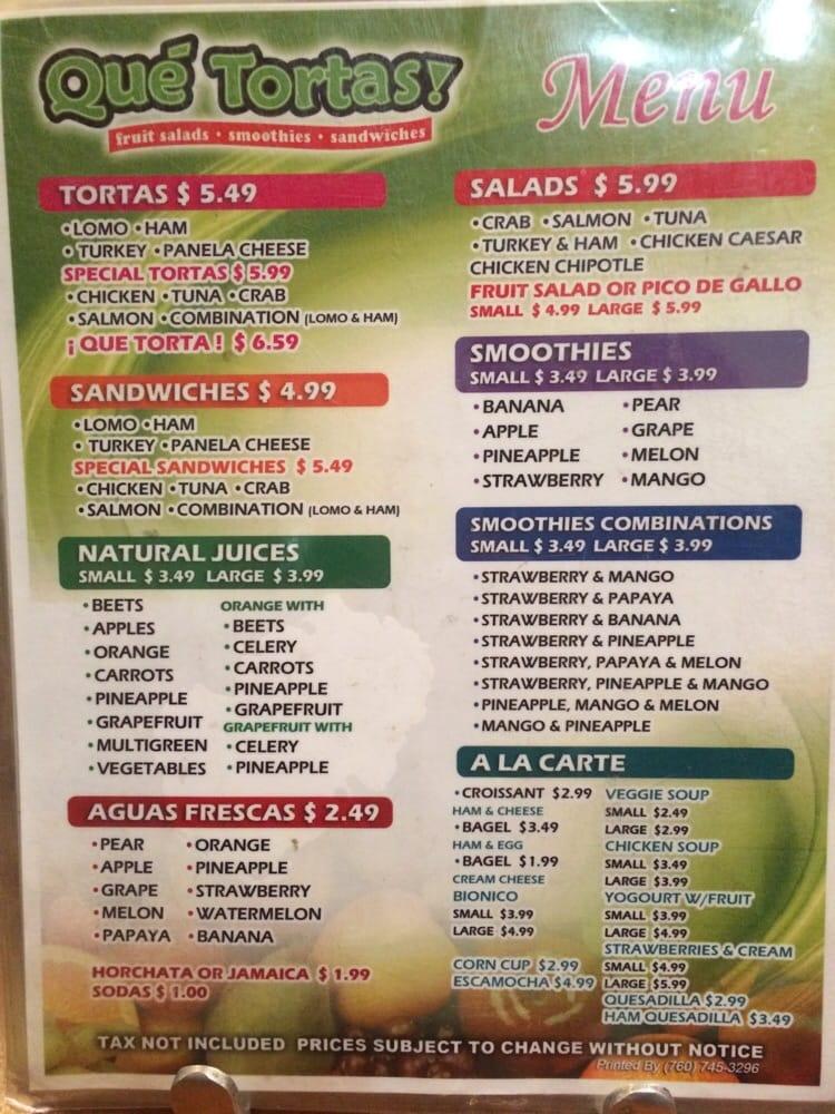 Menu at Que Tortas restaurant, Escondido, E Valley Pkwy UNIT D