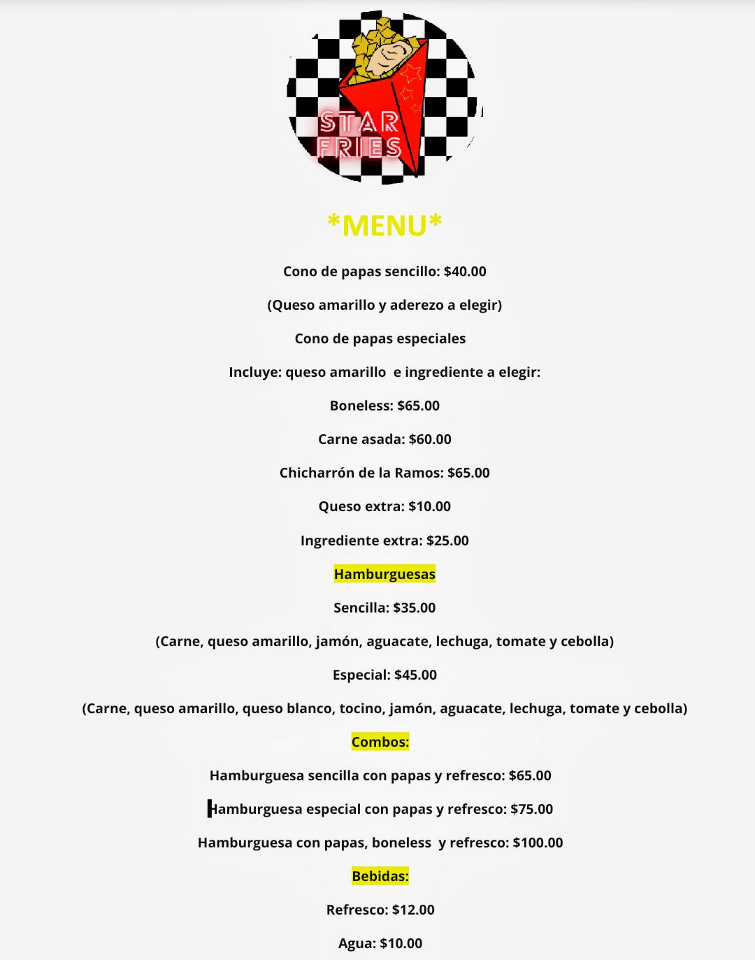 Menu at Star Fries restaurant, Monterrey