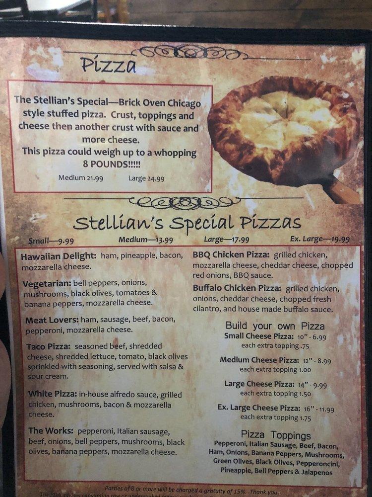 Menu at Stellian's restaurant, Central City