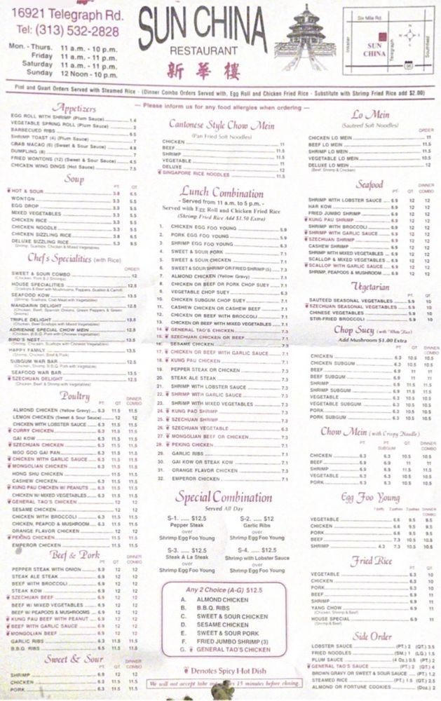Menu at Sun China restaurant, Detroit