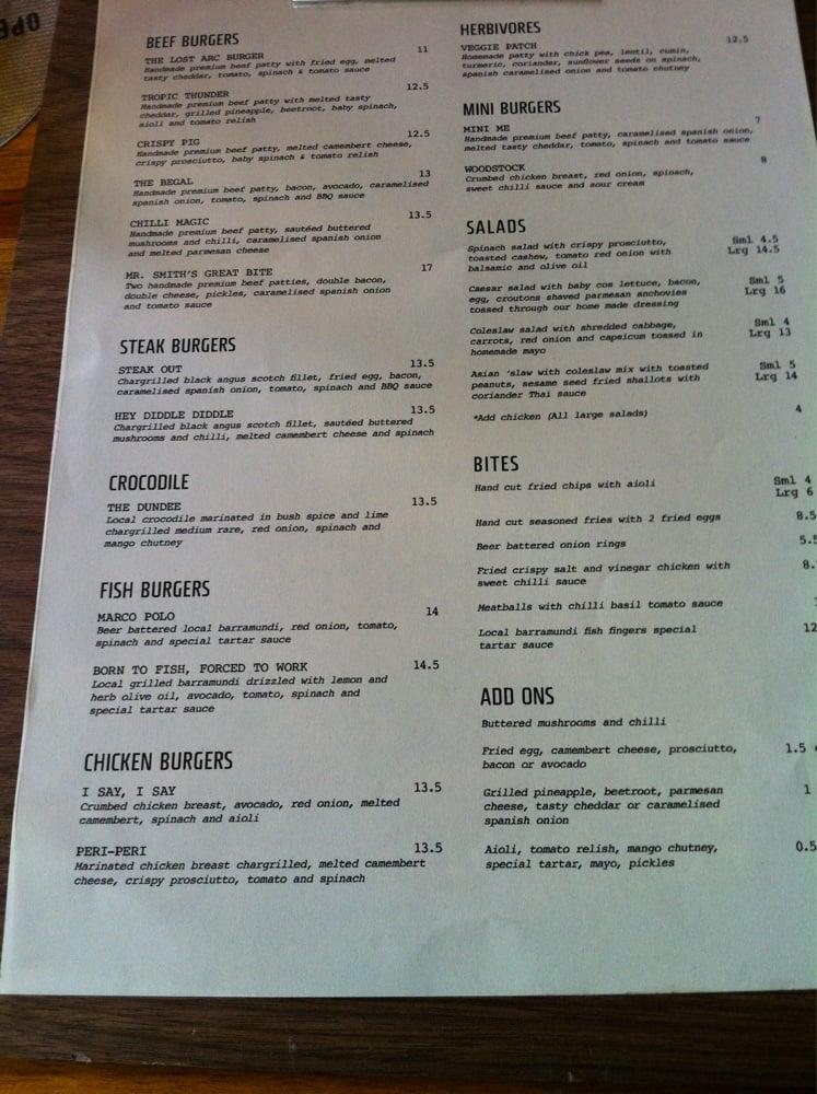 Menu at The Lost Arc restaurant, Darwin City