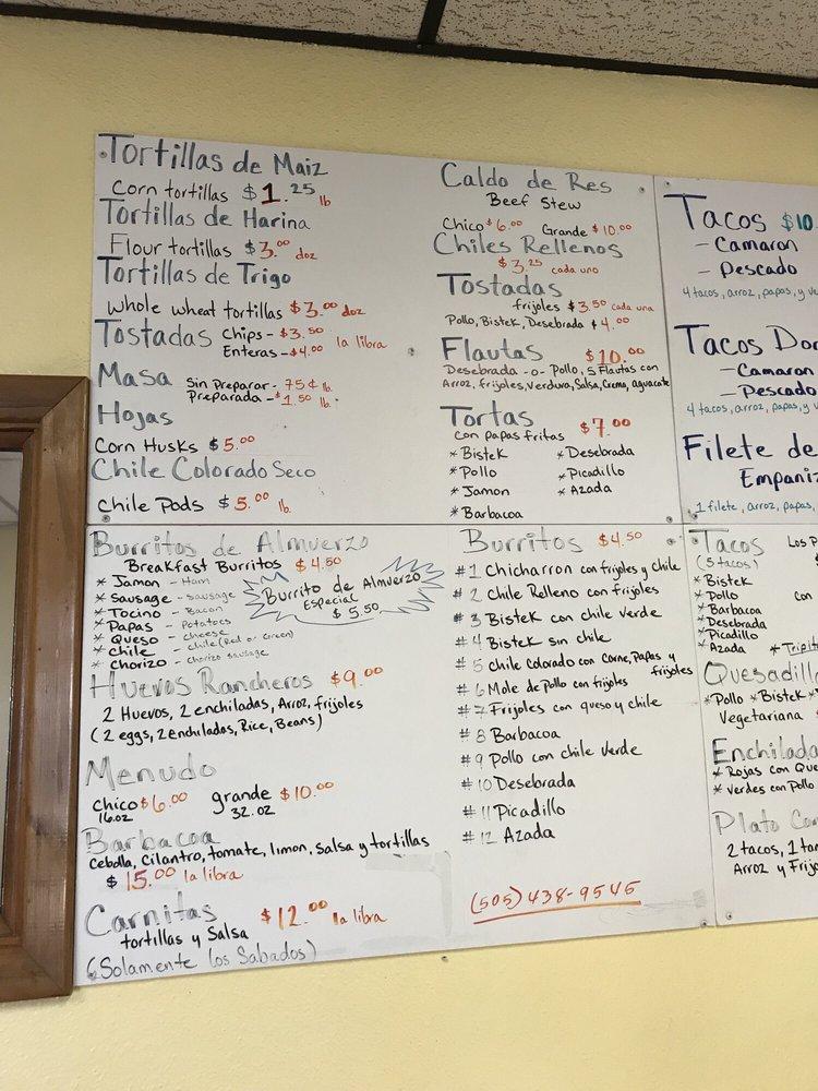 Menu at Alicia's Tortilleria restaurant, Santa Fe