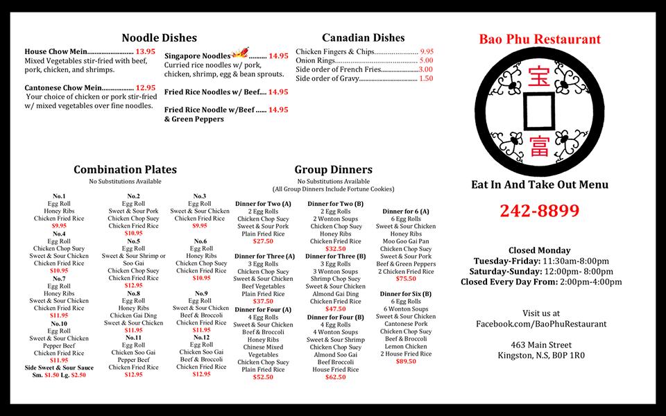 Menu at Bao Phu Restaurant, Kingston