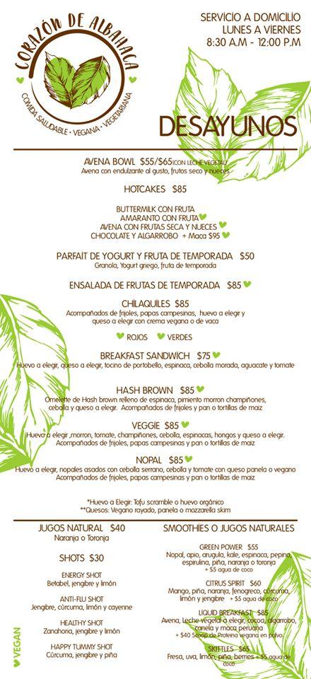 Menu at Corazón de Albahaca restaurant, Mexico
