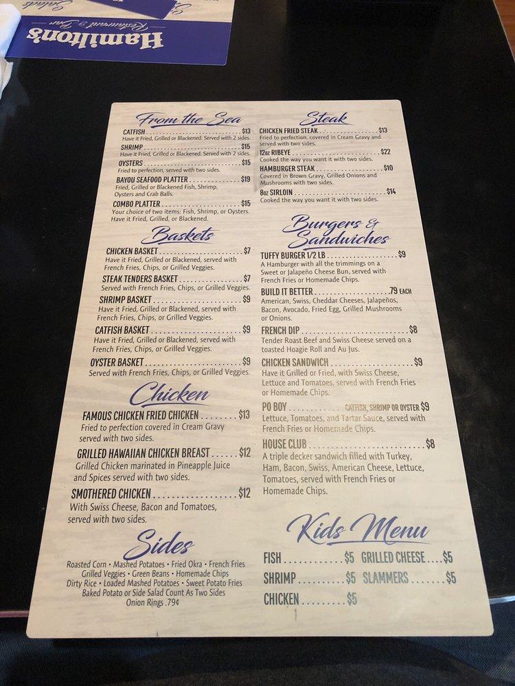 Menu at Hamilton's Restaurant And Bar, Port Arthur
