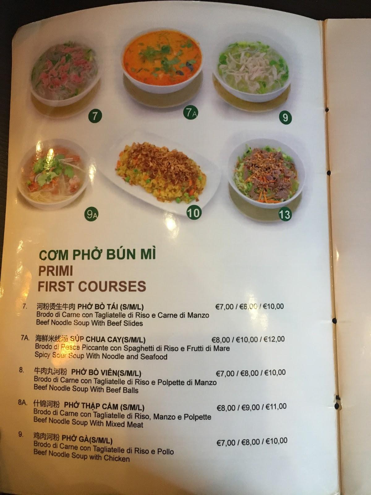 Menu at Hanoi restaurant, Milan