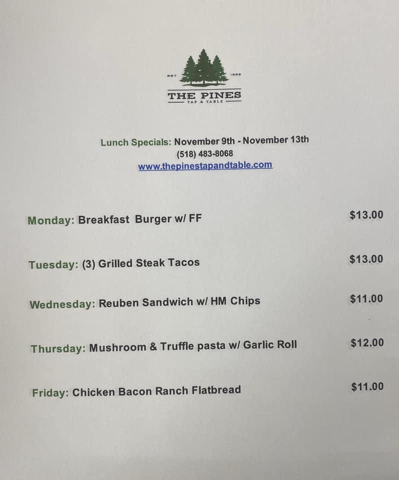 Menu at The Pines Tap and Table pub & bar, Malone