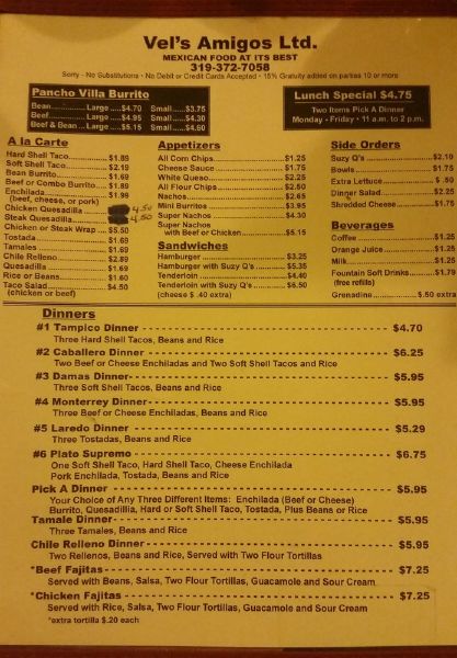 Menu at Vel's Amigos Continued restaurant, Fort Madison, 37th St #3315