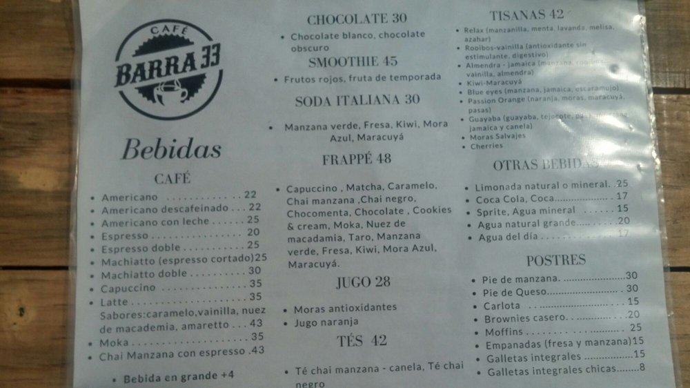 Menu at Café Barra 33, Guanajuato