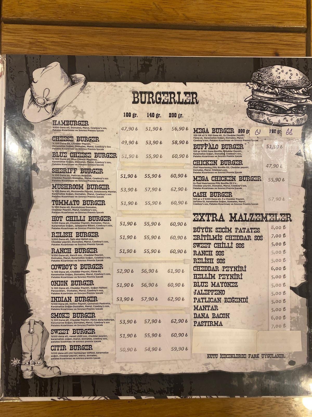 Menu at Cowboy’s Burger Yıldızevler, Ankara