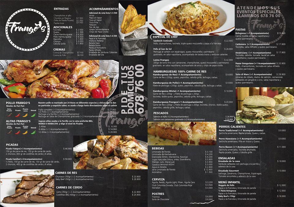 Menu at Frango's steakhouse, Piedecuesta