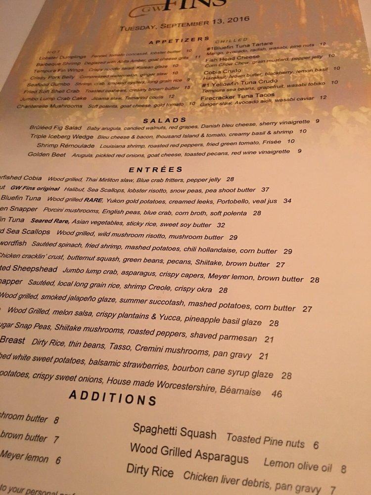 Menu at GW Fins restaurant, New Orleans