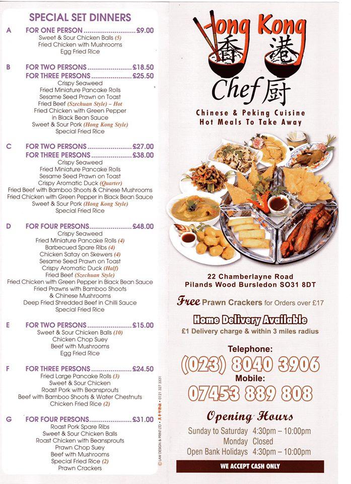 Menu at Hong Kong Chef restaurant, Bursledon, 22 Chamberlayne Road