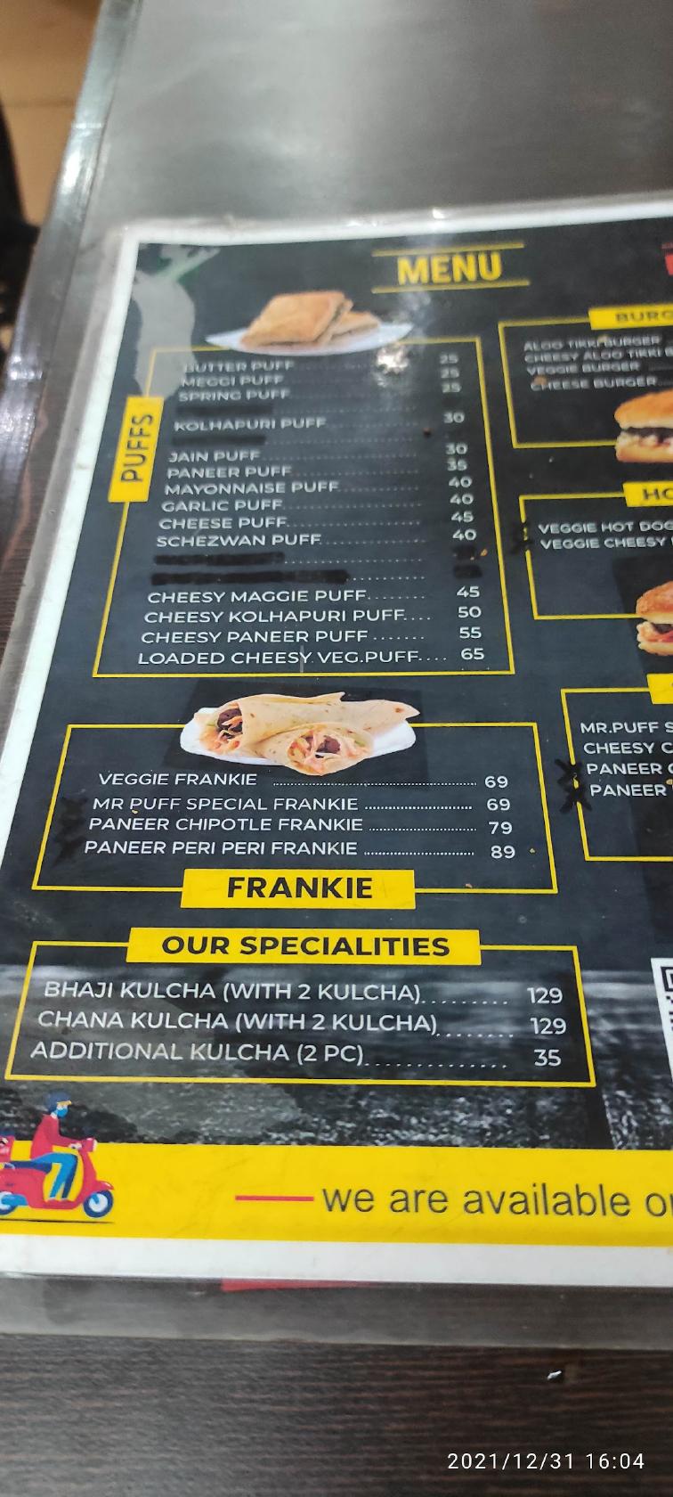 Menu at Mr Puff, Godhra