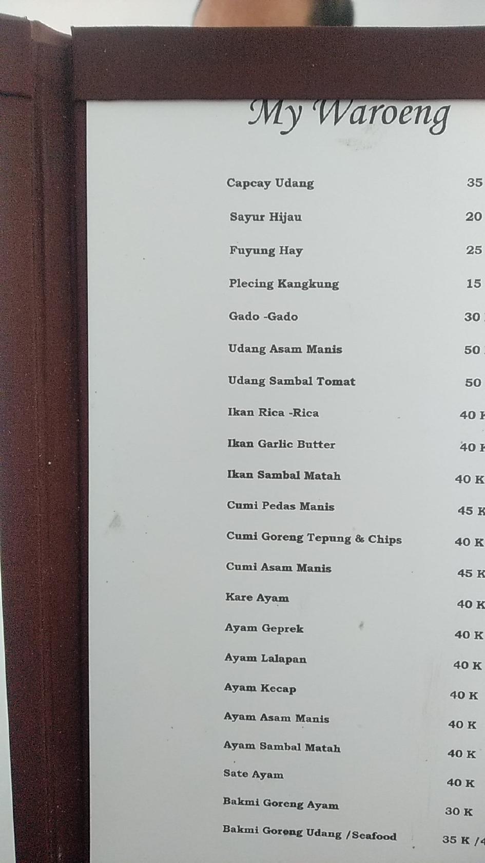 Menu at My Waroeng restaurant, Sengkidu