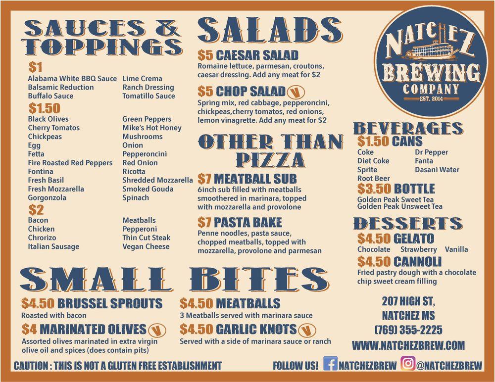 Menu at Natchez Brewing Company pizzeria, Natchez